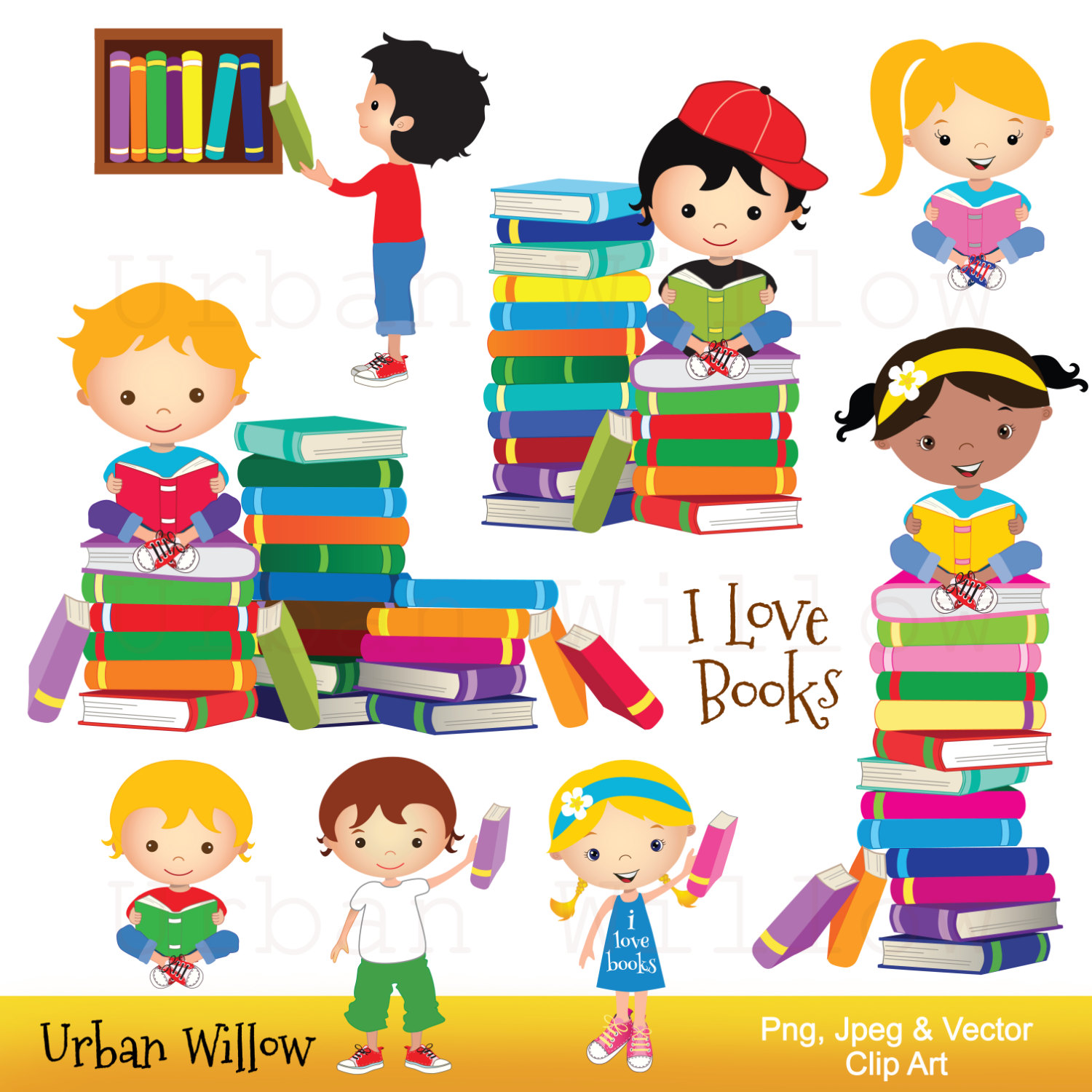 Kids Reading Books Clip Art